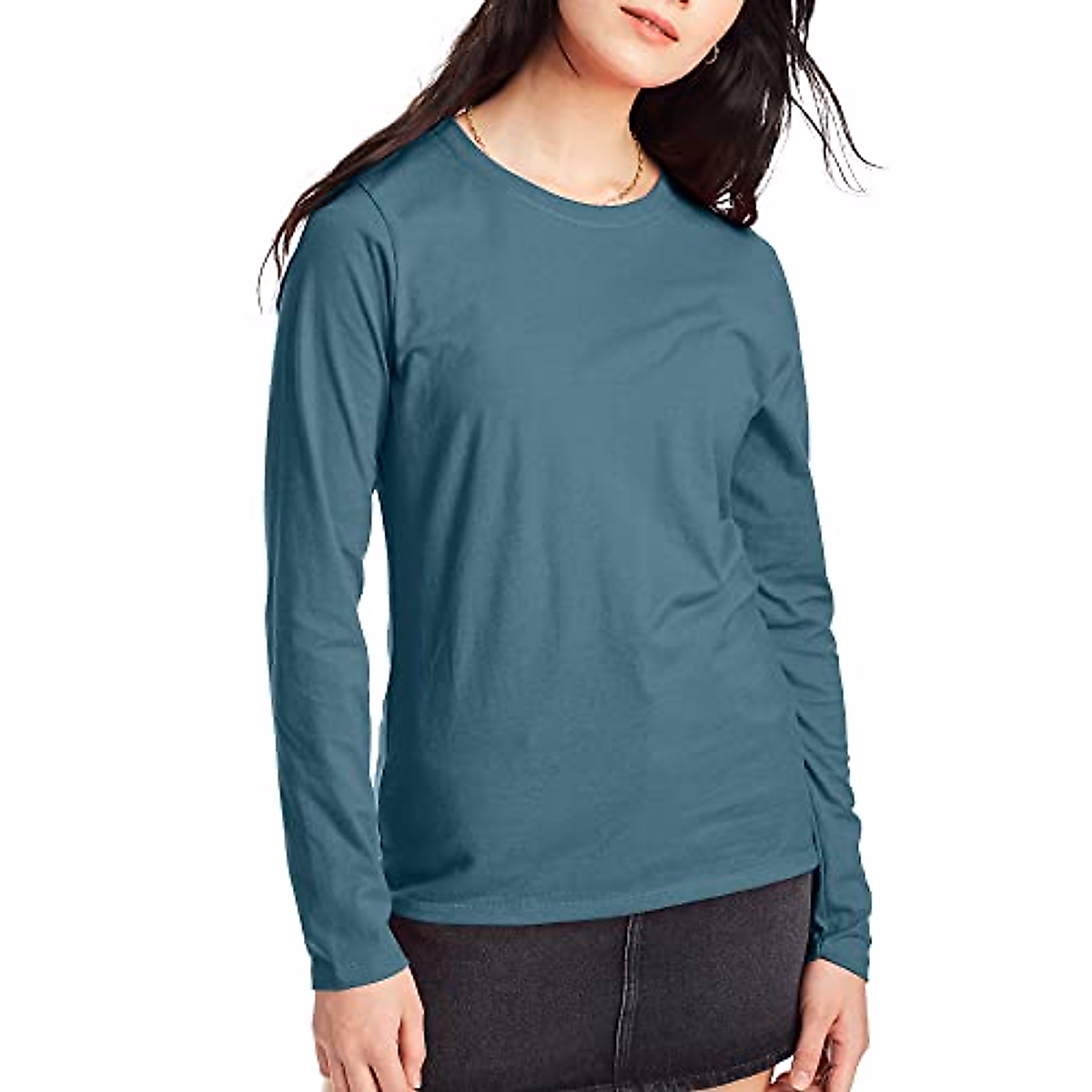 Hanes Women's Originals Long Sleeve Cotton T-Shirt, Lightweight Crewneck Tee, Modern Fit, Cactus, Large