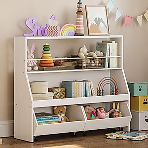 IRONCK Toy Storage Organizer, Kids Bookshelf with 2 Movable Cubby Drawers, Top Toy Shelf with Crossbar, Storage Cabinet for Nursery, Playroom, White