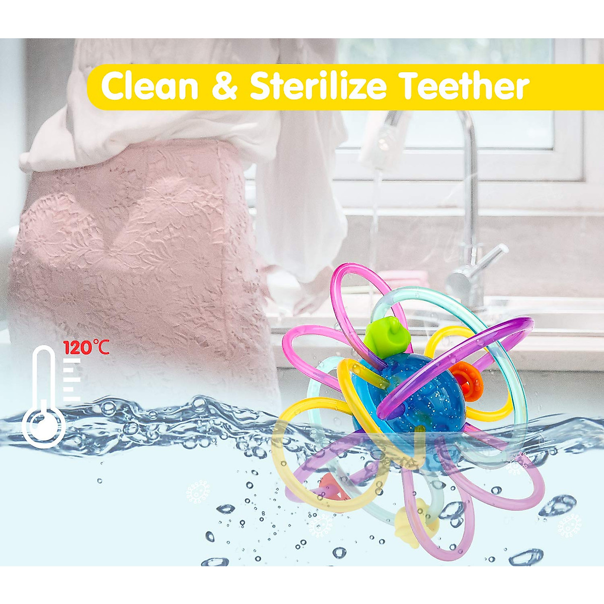 Zooawa Baby Teether, Soft Rattle and Sensory Ball Teething Toy for Pain Relief, BPA-Free Teether Ball Rattle Toy for Infants and Toddlers All Ages, Easy to Hold, Translucent