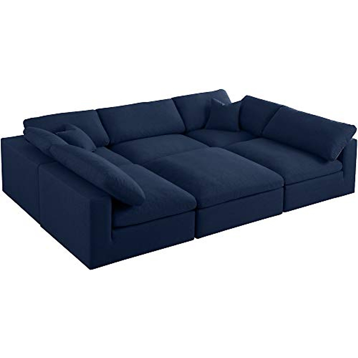 Meridian Furniture Serene Collection Modern | Contemporary Deluxe Comfort Modular Sectional, Soft Linen Textured Fabric, Down Cushions, 2 Corner + 3 Armless + 1 Ottoman, Navy