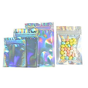 100Pcs Clear Front Glitter Holographic Zip Lock Bags Iridescent Pouches Food Packing Packaging Pouches Bags Storage Pouches Bags Silver 3.9x5.9in (10x15cm)