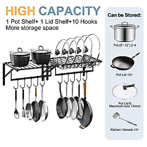 Hongtamoy 2 Packs Wall Mounted Pot Lid Rack Organizer, Hanging Pot and Pan Lid Organizer for Kitchen with 10 Upgrade Hooks, Pot Lid Holder for Cookware,Pans,Utensils Organization, Black
