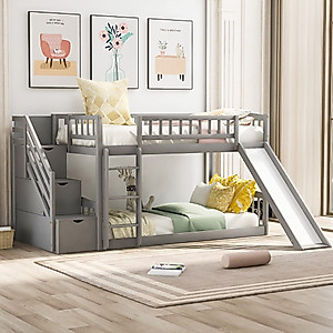 CITYLIGHT Twin Over Twin Bunk Bed with Slide and Stairs, Wooden Low Bunk Bed with Storage Stairs,Kids Bunk Bed with Slide for Girls Boys,No Box Spring Needed, Grey