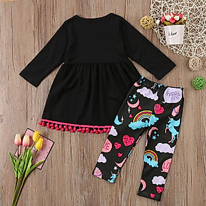 Fashion Kids Toddler Girl Long Sleeve Tunic Top Dress+Floral Pants Outfit Set Spring Fall Clothes (Black Unicorn, 5-6X)