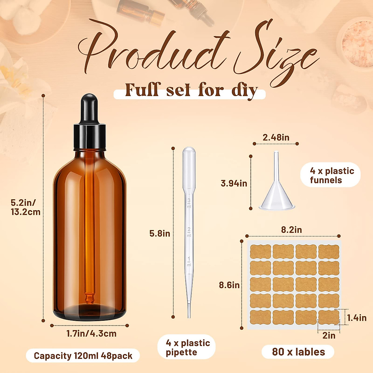 Lallisa 48 Pcs Glass Dropper Bottles with Eye Dropper Dispensers Lab Dropping Bottles with 4 Pcs Long Pipettes 4 Funnel and 80 Label for Travel Cuticle Massage Essential Oils Perfume (Amber,4 oz)