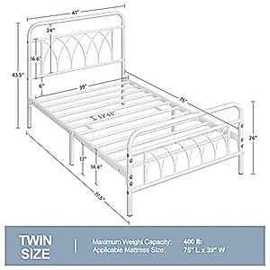 Yaheetech Twin Bed Frame Metal Platform Bed with Petal Accented Headboard/Footboard/14.4 Inch Under Bed Storage/No Box Spring Needed, White