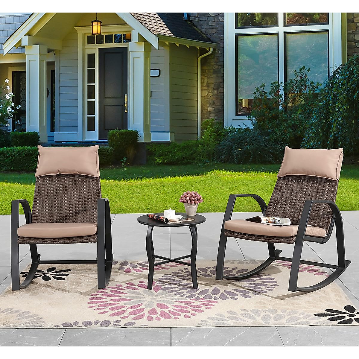 ARTLOFT 3 Piece Rocking Chairs Wicker Outdoor Patio Furniture Set Balcony Chairs Conversation Sets with Coffee Table for Porch, Garden, Backyard, Deck (Beige)