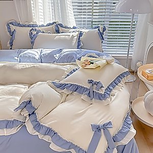 Generic Princess Lace Ruffles 4-Piece, Bow Bedding Set, Chic Ruffled Duvet Cover with Lovely Bow, Princess Style 1 Duvet Cover with 2 Pillowcases, 1 Bed Sheet, with Zipper Closure,Blue,Full
