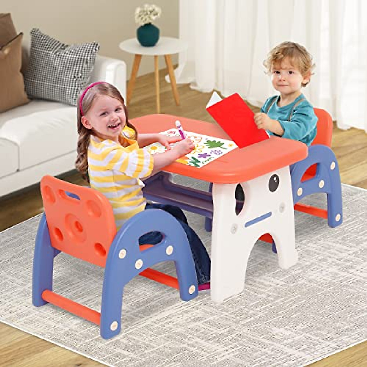 QUIIKM Toddler Table and Chair Set Children Activity Table and 2 Chairs for Art Craft Building Blocks Furniture Set Gift for Toddler Boys Girls (Blue)