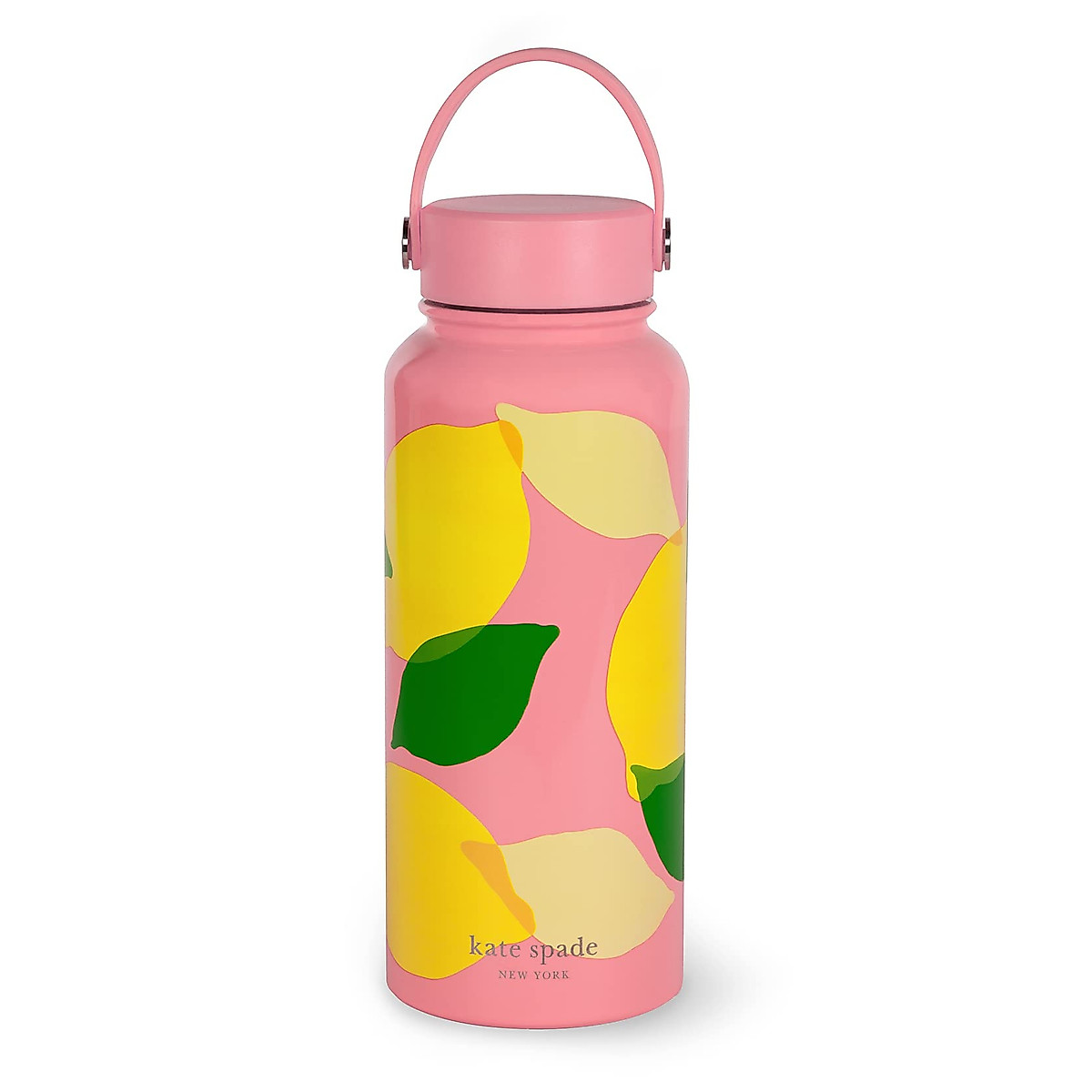 Kate Spade New York Extra Large Insulated Water Bottle, 33 Ounce Stainless Steel Water Bottle with Handle, Pink Double Wall Metal Tumbler with Lid, Lemon Toss