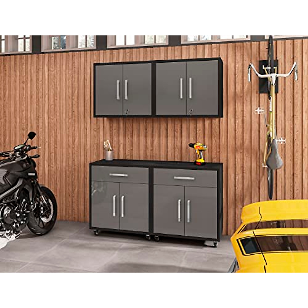 Manhattan Comfort Eiffel Garage Cabinets and Storage System, Set of 4, Matte Black and Grey