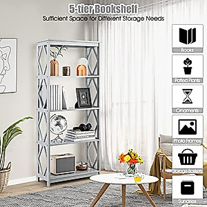 Giantex 5-Tier 61" Tall Wooden Bookshelf - Modern Freestanding Open Shelving Storage Display Shelf with Anti-toppling Device, Easy Assembly Bookcase Shelf Rack for Bedroom, Living Room, Grey