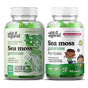 Wild & Organic Sea Moss Gummies Bundle - Superfood Wildcrafted Seamoss Gummy Vitamins for Kids & Adult - Thyroid Health, Digestive & Immune Support Supplements w/ Raw Irish Moss Bladderwrack - 2 Pack