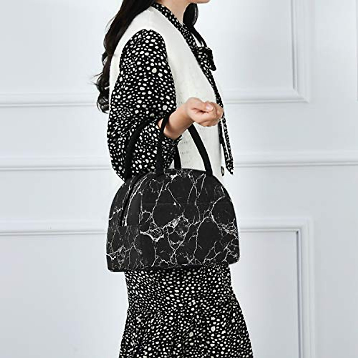 Lunch Bag White Line Black Marble Print Lunch Box Ice Cooler Insulated Portable Zipper Tote Handbag for Men Women Boys Girls