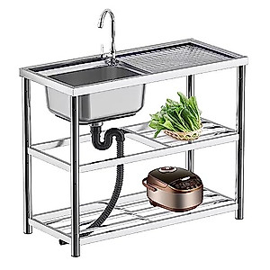 Large Single Bowl Sink Commercial Kitchen Washing Sink Free Standing Restaurant Sink Station Industrial Garage Sink w/Workbench & Storage Shelves (100cm/39.3in,Package A)