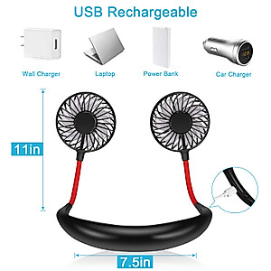 Hand Free USB Personal Fan Rechargeable Mini LED Neck Fan Headphone Design Sports Fan Heads Rotatable Neckband Fan, 2000mAh, 3 speeds, Quiet, Portable for Office Reading Travel Camping (Black)