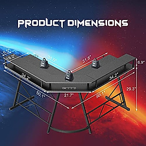 HYTXEN Gaming Desk with Led Lights, L Shaped Corner Computer Desk with Power Strip, Carbon Fiber Surface Gaming Table with Monitor Stand＆Cup Holder, Headphone Hook, Graphite Black