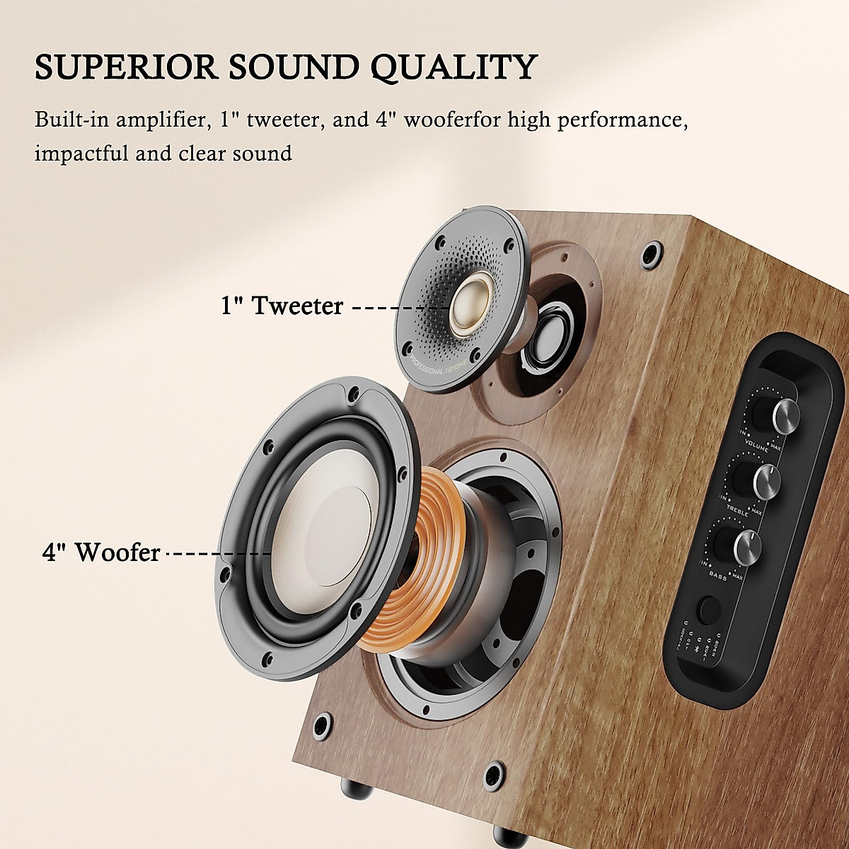 1 by ONE Bluetooth Bookshelf Speakers, Active 2 Way Speakers with 60 Watts RMS, 100 Watts Peak Power, Turntable Speakers with RCA x 2/Bluetooth/Coaxial/Optical