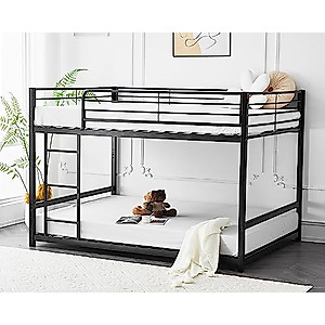 VINGLI Full Over Full Bunk Bed, Low Bunk Bed for Kids Floor Bed Full Size Bunk Bed for Adults,Heavy Duty Metal Slat, No Box Spring Needed, Black