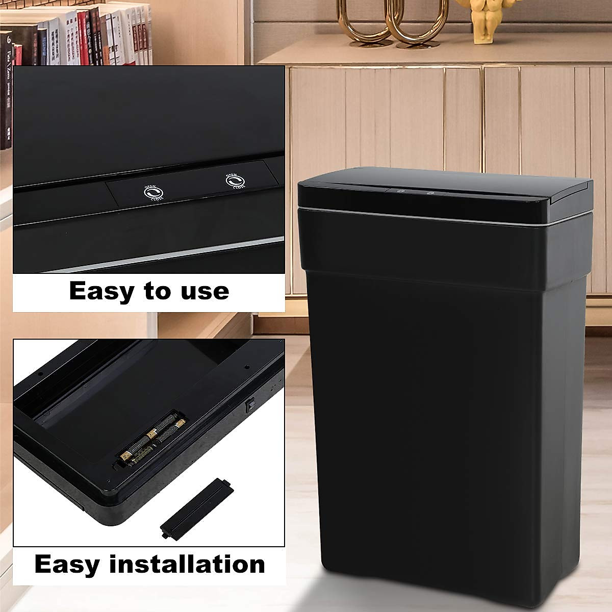 Dkelincs 13 Gallon Trash Can Automatic Motion Sensor Kitchen Trash Can Plastic High-Capacity Touch Free Garbage Can with Lid for Bathroom Bedroom Home Office, 50 Liter, Black