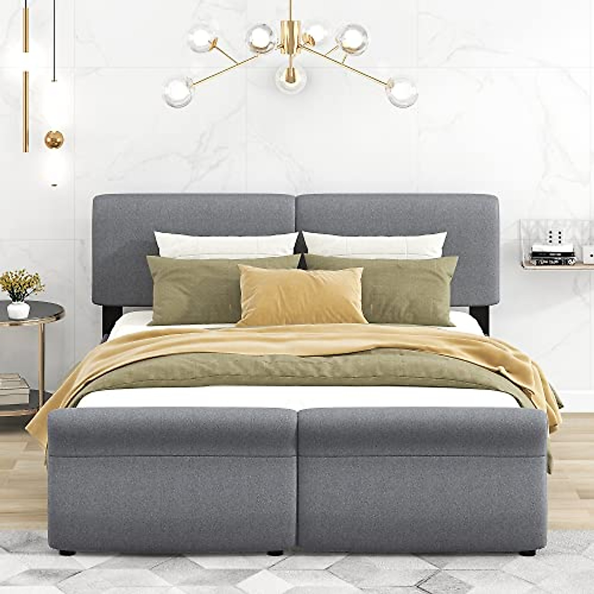 RORIGAT Queen Size Upholstery Platform Bed with Two Drawers,Wooden Bed Frame with Linen Fabric for Bedroom,Grey