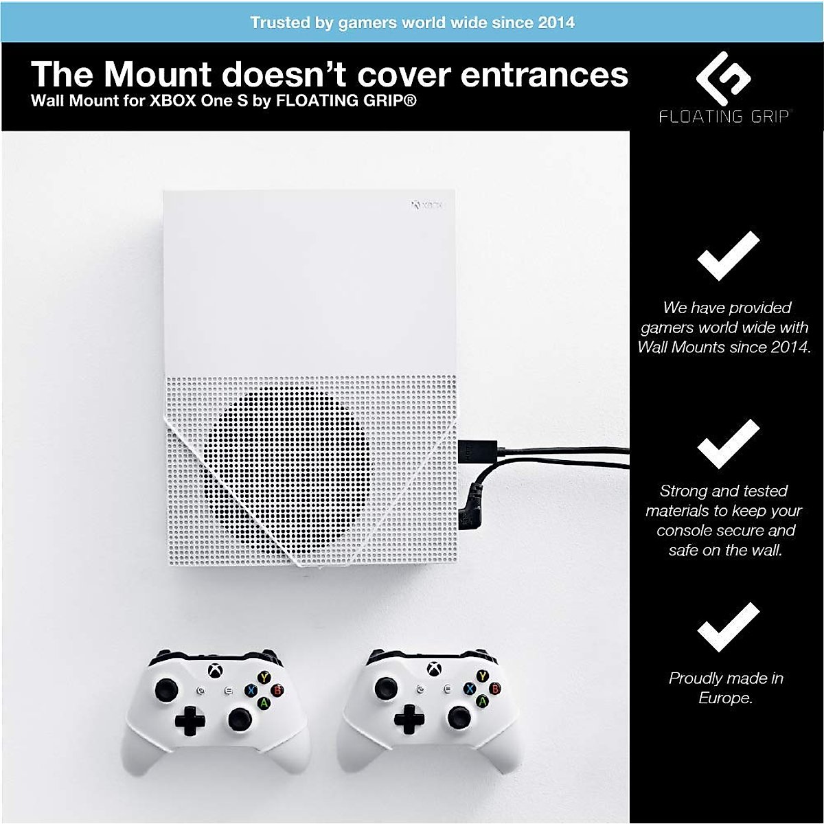 Xbox One S Wall Mount Solution by FLOATING GRIP - Mounting Kit for Hanging Game Consoles - Strong & Slim Ropes - Easy-to-Install System (Bundle: Fits XBOX One S + 2x Controllers, white)