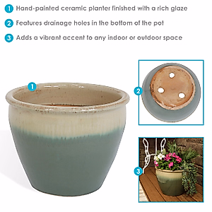 Sunnydaze Large Ceramic Planter - Indoor or Outdoor Plant Pot with Drainage Holes - Seafoam Glaze Finish - 15" - Chalet