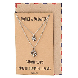 quan jewelry Tree of Life Pendant Mom and Me Jewelry, Necklace Set for 2, Birthday and Christmas Presents for Mother and Daughters, with Inspiration Quote on Greeting Card
