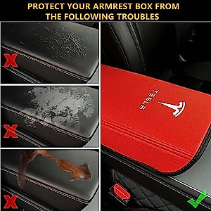 WUDUWUKA Car Armrest Cover for Tesla Model 3/Y PU Leather Center Console Cover for Tesla Waterproof Auto Armrest Box Cover Decoration Interior for Model 3 2017-2023 or Model Y 2020-2023-Red