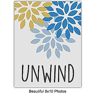 Relax Soak Unwind Wall Art Bathroom Decorations - Teal Blue Yellow Restroom Signs - Powder Room, Guest Bath Wall Decor - Bathroom Decor for Women - Housewarming Gift - 8x10 Poster Picture Set