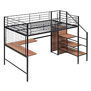 ATY Full Size Loft Bed with L-Shaped Desk and Wardrobe &Storage Shelves, Stairway Metal Bedframe w/Grid, Save Space Design, for Bedroom, Dorm, No Spring Need Required, Black