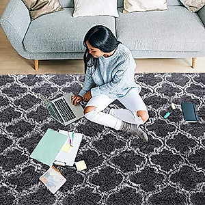 LOCHAS Luxury Shag Area Rug Modern Indoor Plush Fluffy Rugs, Extra Soft and Comfy Carpet, Geometric Moroccan Rugs for Bedroom Living Room Girls Kids Nursery, 5x8 Feet Dark Grey/White