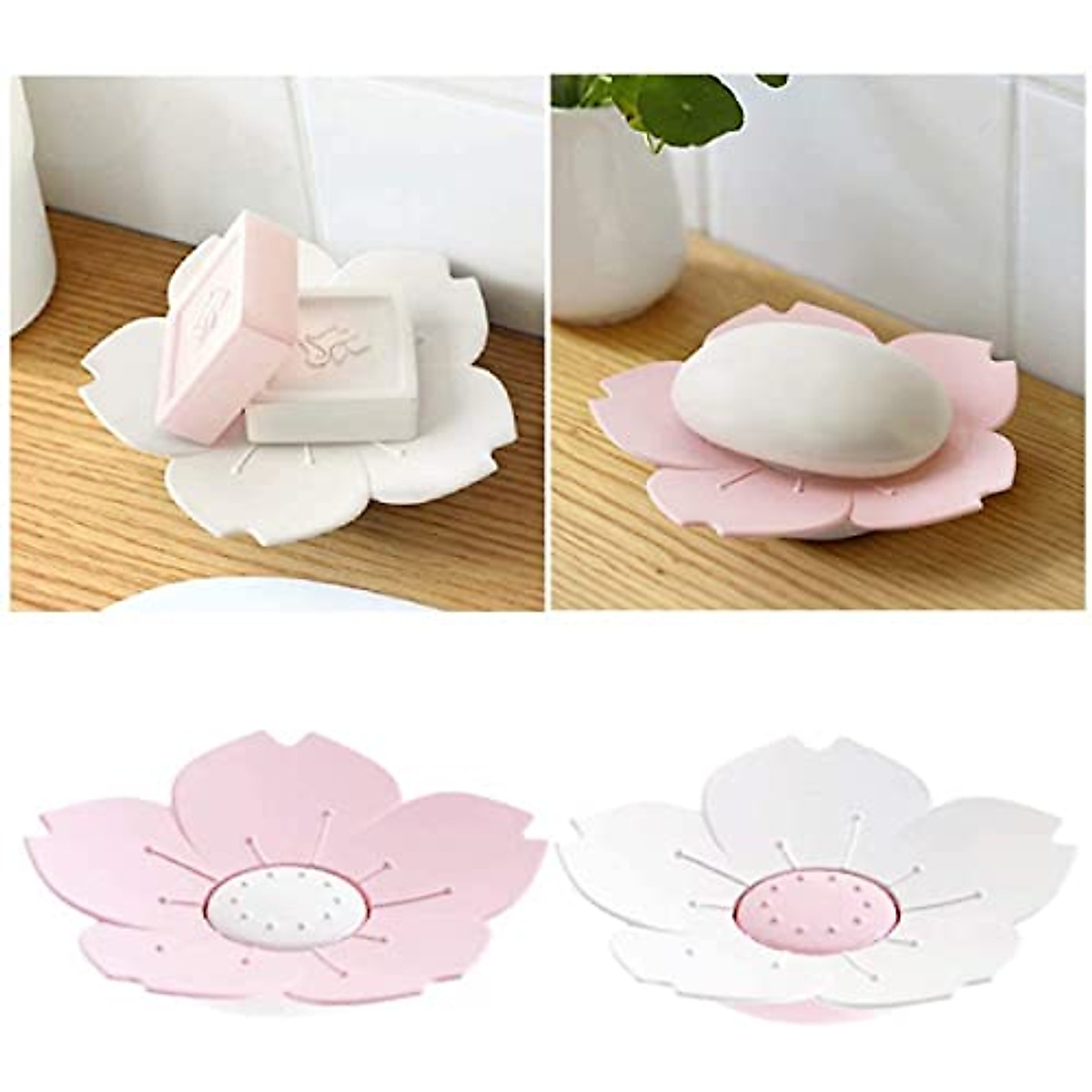 Adorable Pink Peri - 2-Pack Pink Soap Dish for bar soap Lovers | Self draining Hole Holder | Pink Floral Decor Bathroom Accessories | Zero Waste Gift (Reusable Plastic - Cherry Blossom Shape)