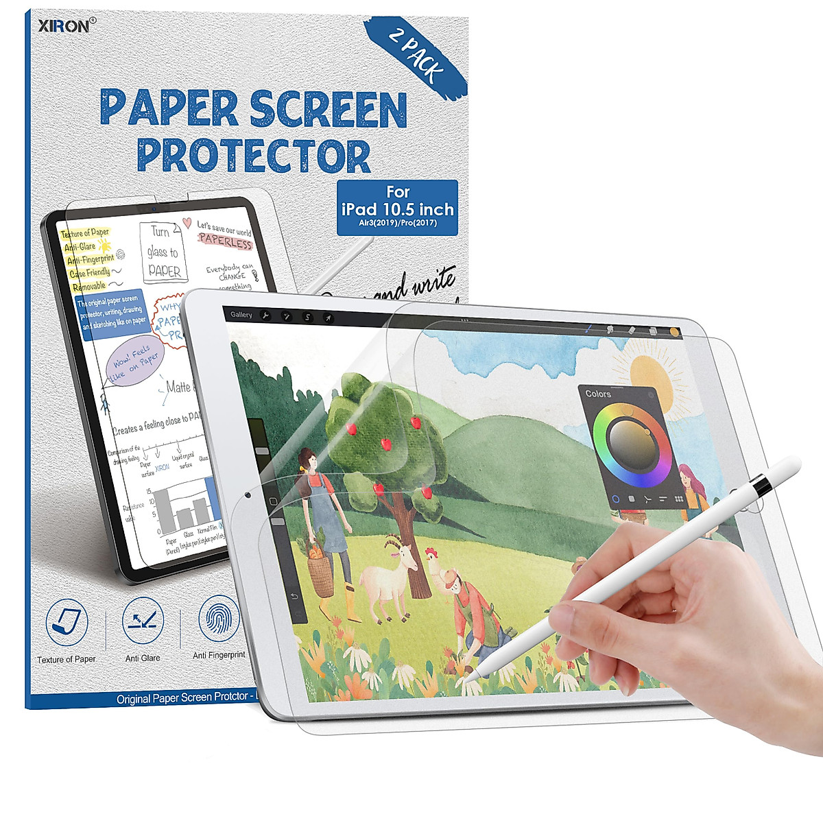 XIRON 2 Pack Paper Screen Protector for iPad Air 3 (2019) 10.5 inch, iPad Pro 10.5 (2017), Matte PET Film for iPad Pro/Air 10.5, Write and Draw Like on Paper, Anti-Glare Screen Protector