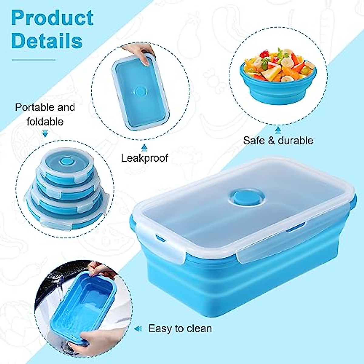 Zhehao Set of 8 Silicone Food Storage Containers Collapsible Storage Containers Collapsible Bowls with Lids Reusable Foldable Bento Lunch Box for Meal Prep Freezer Microwave, 4 Sizes (Blue)
