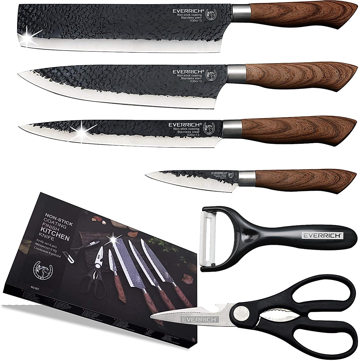 Numola 6 Pieces Black Professional Chef Knife Set, BBQ Meat Knives for Cooking, Forged Kitchen Knife with High Carbon Stainless Steel Cutlery Ergonomic Design Handle with Gift Box for Couples
