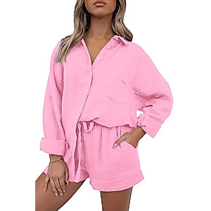 PRETTYGARDEN Women's 2 Piece Tracksuit Outfit Long Sleeve Blouse High Waisted Drawstring Shorts Loungewear Set (Pink,Medium)