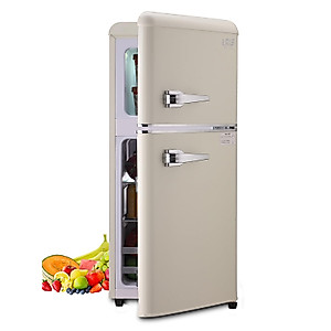 KRIB BLING Retro Fridge With Freezer,3.5 Cu. Ft Refrigerator With 2 Doors,7- Level Adjustable Thermostat, Removable Glass Shelves For Bedroom, Office, Kitchen, Apartment, Dorm, Cream