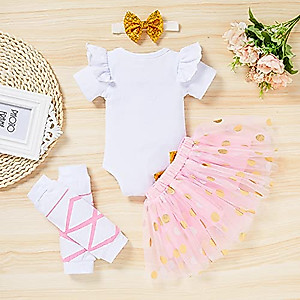 Newborn Baby Girl Skirt Set Infant Letter Print Romper+Tutu Skirt+Headband+Legging Warmer Clothes Outfit (Dot Pink, 0-3 Months)