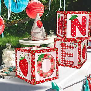 chiazllta 3Pcs Strawberry 1st Birthday Party Decorations Supplies Strawberry Themed One Balloon Boxes Backdrop Blocks Decor Berry First Red One Birthday Party Decoration for Kids Girls Baby Shower