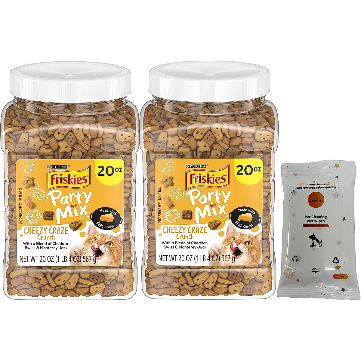 Aurora Pet Bundle (2) Friskies Party Mix Cheese Craze Cat Treats (20-oz Each) with AuroraPet Wipes