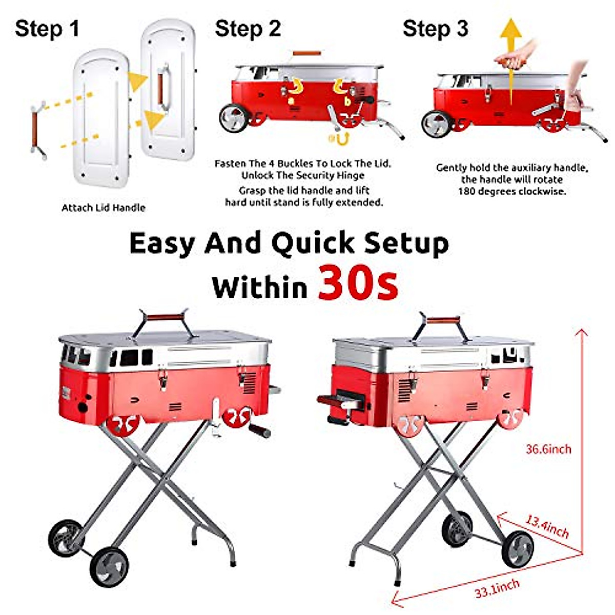 STARWIDE GO Charcoal Grill in Backyard & Garden, 30s Quick Set-up Barbeque Grill, Tabletop BBQ Grill for Outdoor Cooking, Cover and A Small Table, BBQ Fan,Tools, Fry Pan Included