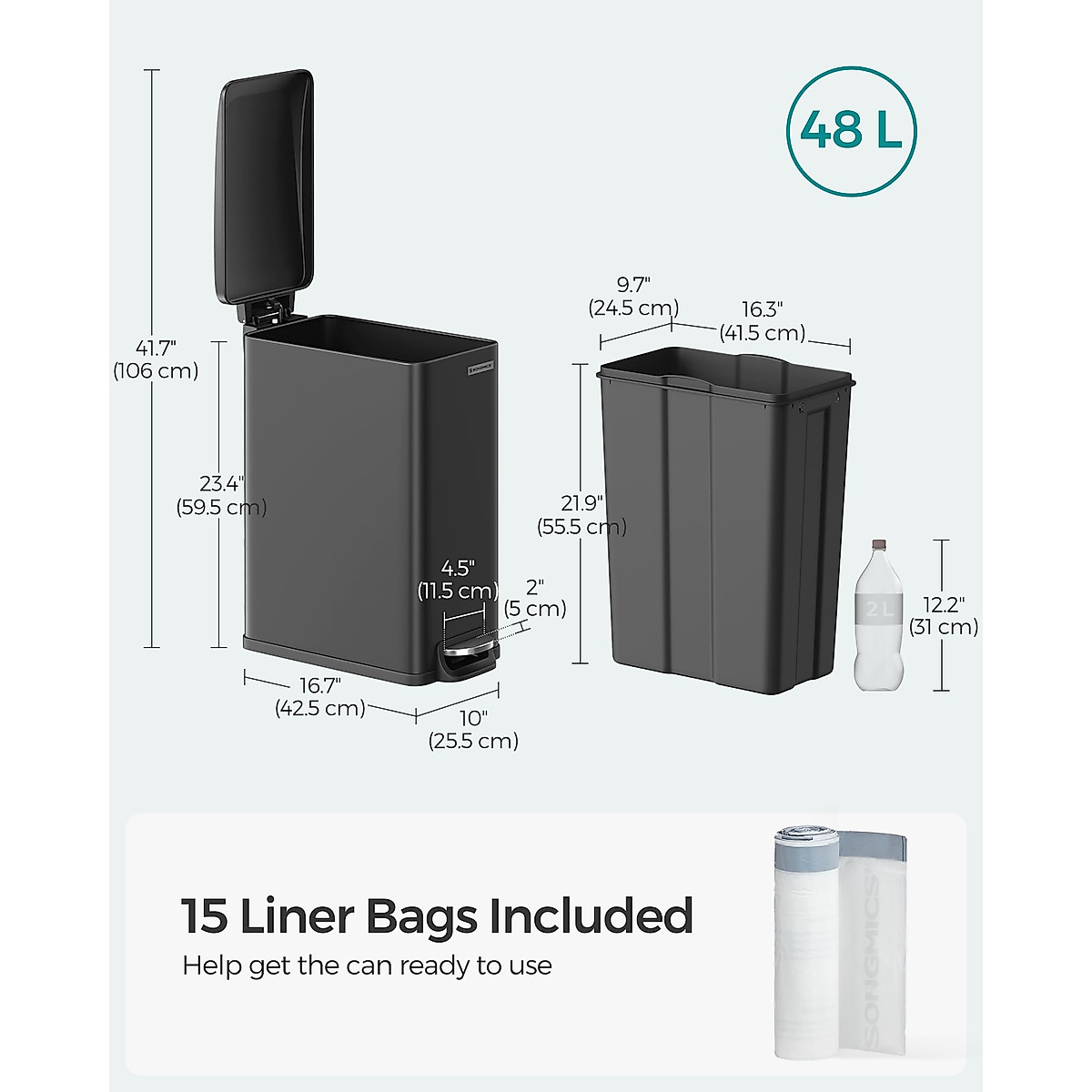 SONGMICS Slim Trash Can, 12.7-Gallon (48 L) Garbage Can for Narrow Spaces with Soft-Close Lid, Inner Bucket, and Step-on Pedal, Stainless Steel, 15 Trash Bags Included, Black ULTB510B48