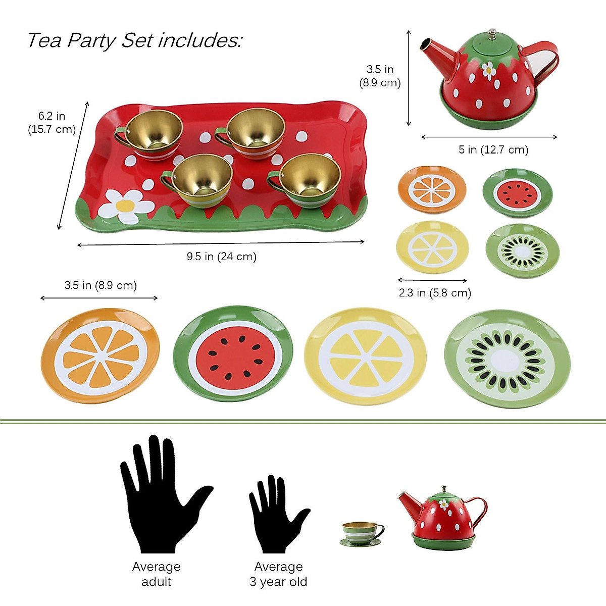 Vokodo Kids Fruit Themed Pretend Play Tea Set 14 Piece Durably Built from Food-Safe Material BPA-Free Kitchen Playset Perfect Early Learning Preschool Toy Great Gift for Children Girls Boys Toddlers