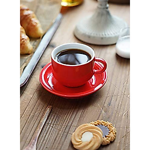 Sweese 4 Ounce Porcelain Stackable Espresso Cups with Saucers and Metal Stand Set of 4, Red - 405.404