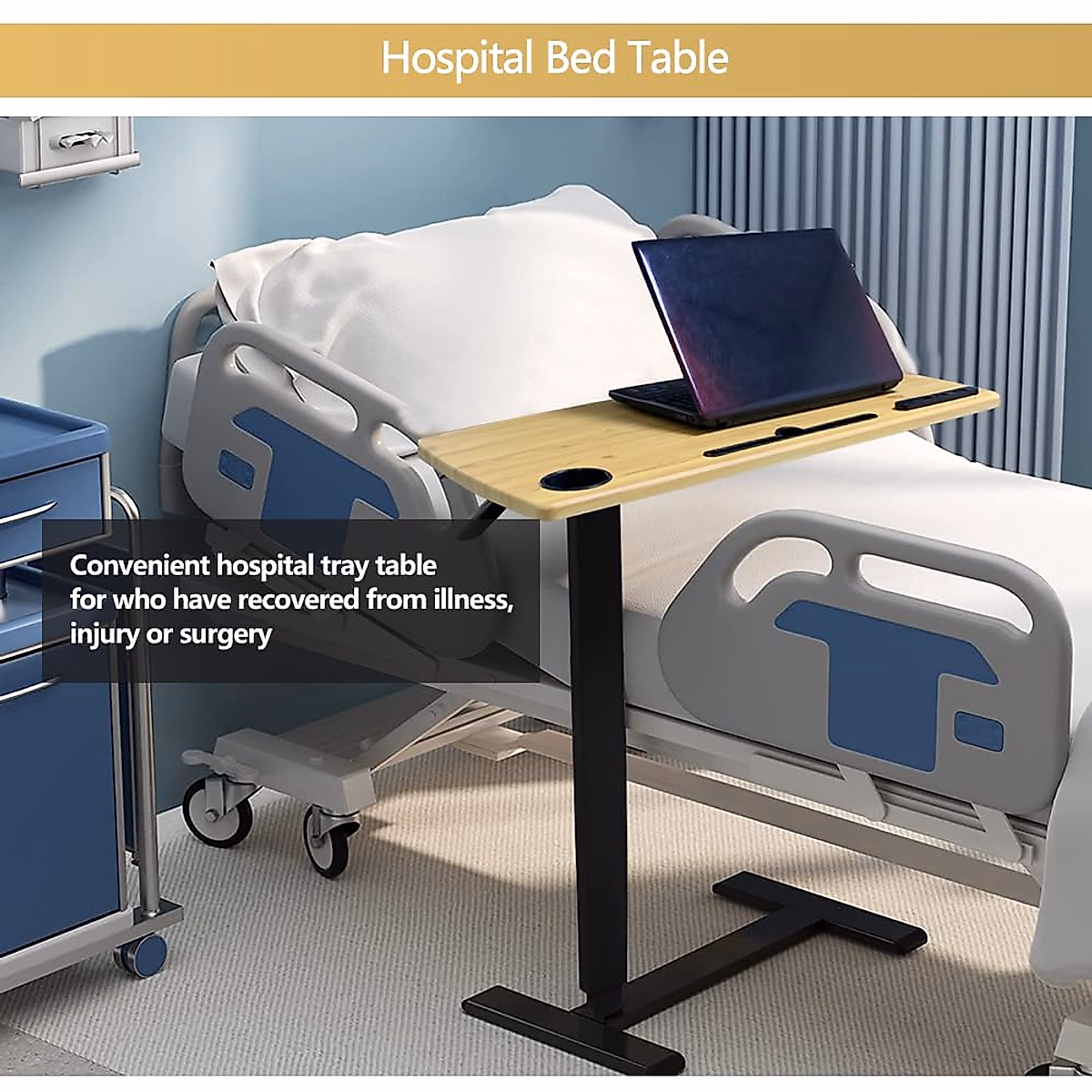 BeGyoku Overbed Table,Hospital Bed Table,Pneumatic Bed Tables Adjustable Over The Bed with Hidden Wheels&USB,Mobile Laptop Table Cart&Rolling Bedside Table with Tray Hospital Home Use-Oak