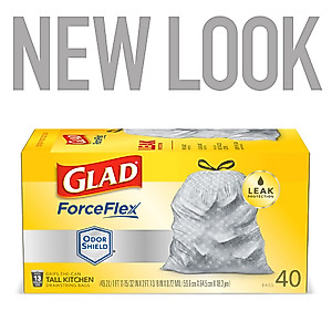 Glad Trash Bags, ForceFlexPlus Tall Kitchen Drawstring Garbage Bags - 13 Gallon White Trash Bag for Kitchen Trash Can, Odor Shield, Odor Eliminator, Leak Protection, 40 Count - Packaging May Vary