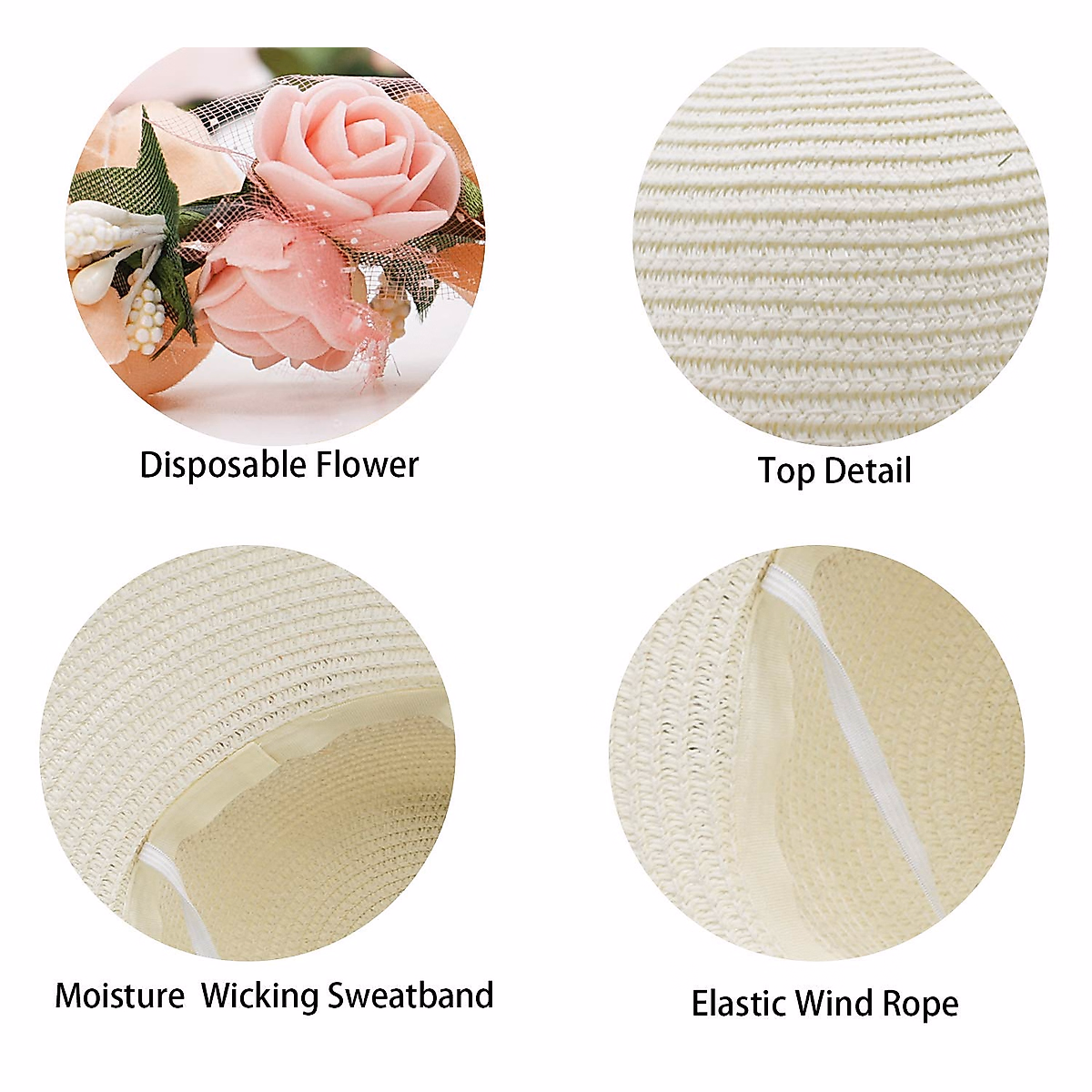 Lovful Fashion Flower Lace Ribbon Wide Brim Caps Summer Beach Sun Protective Hat Straw Hats for Women, White