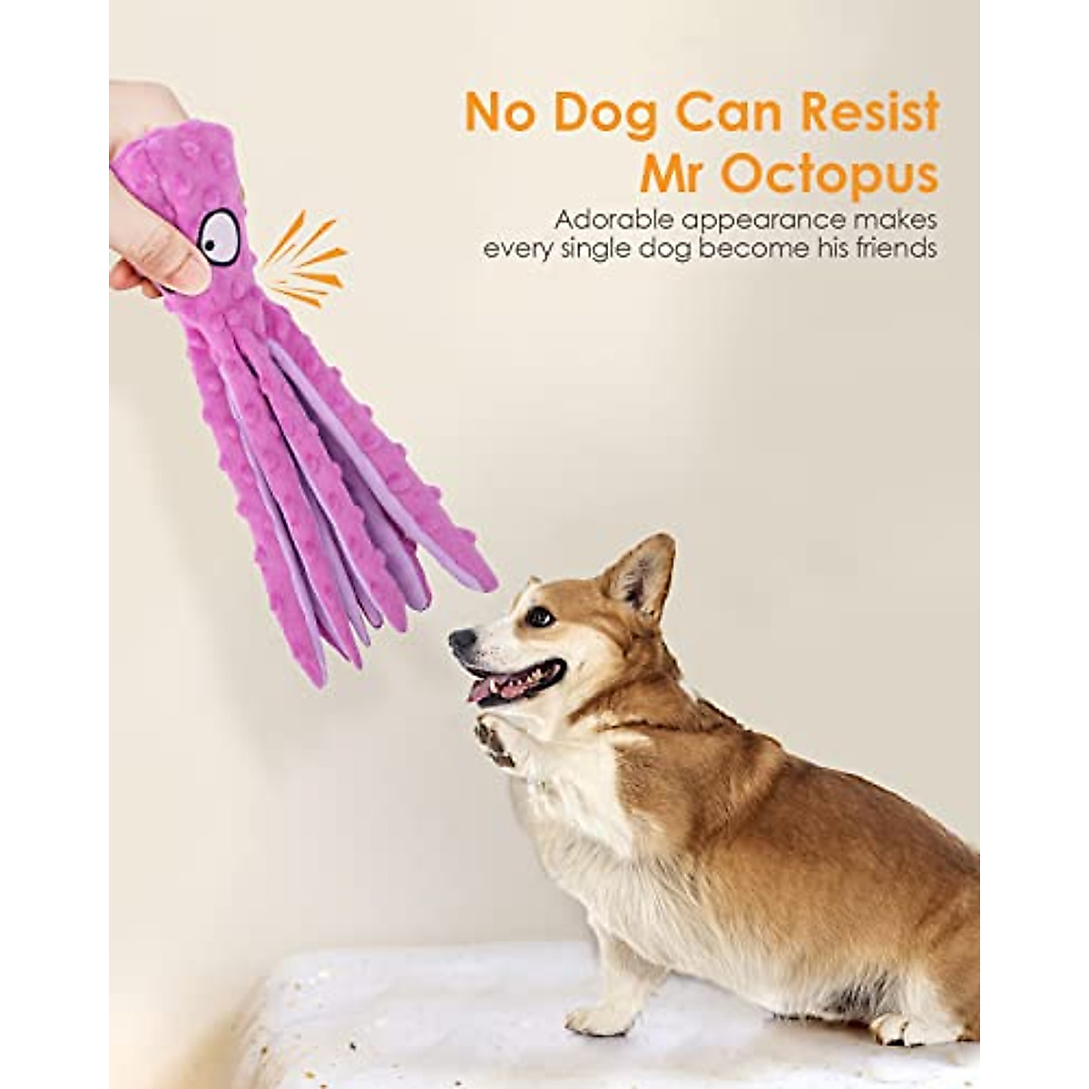 HGB Squeaky Dog Toys, Octopus No Stuffing Crinkle Plush Dog Chew Toys for Puppy Teething, Pet Training and Entertaining, Durable Interactive Dog Toys for Puppies, Small, Medium, and Large Dogs, 2 Pack