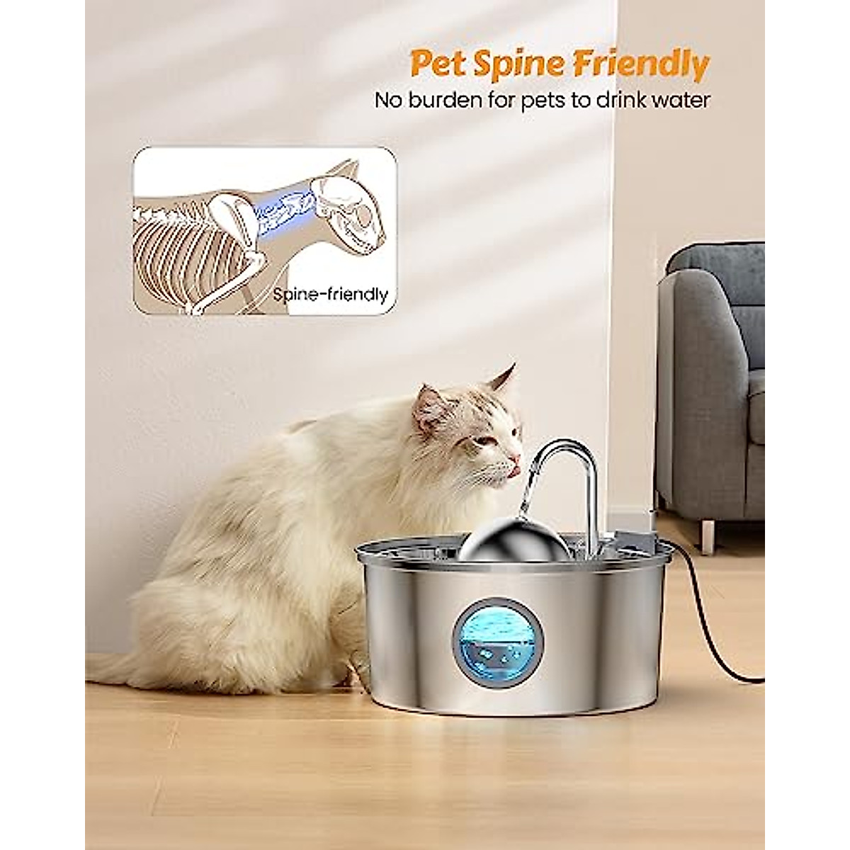 Cat Water Fountain Stainless Steel, AONBOY 108oz/3.2L Cat Fountain, Dog Water Fountain with Water Level Window, Hemispherical Shape, Multi-Filter, Silent Pump, Water Tap, Provides Flowing Water